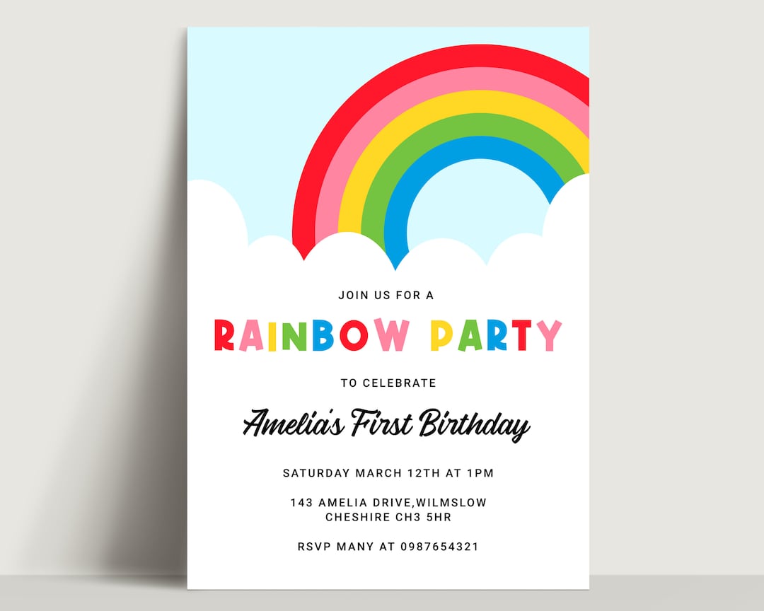 Rainbow Birthday Invitation, Rainbow Party Invitation Template, Editable Girl Rainbow Party ...