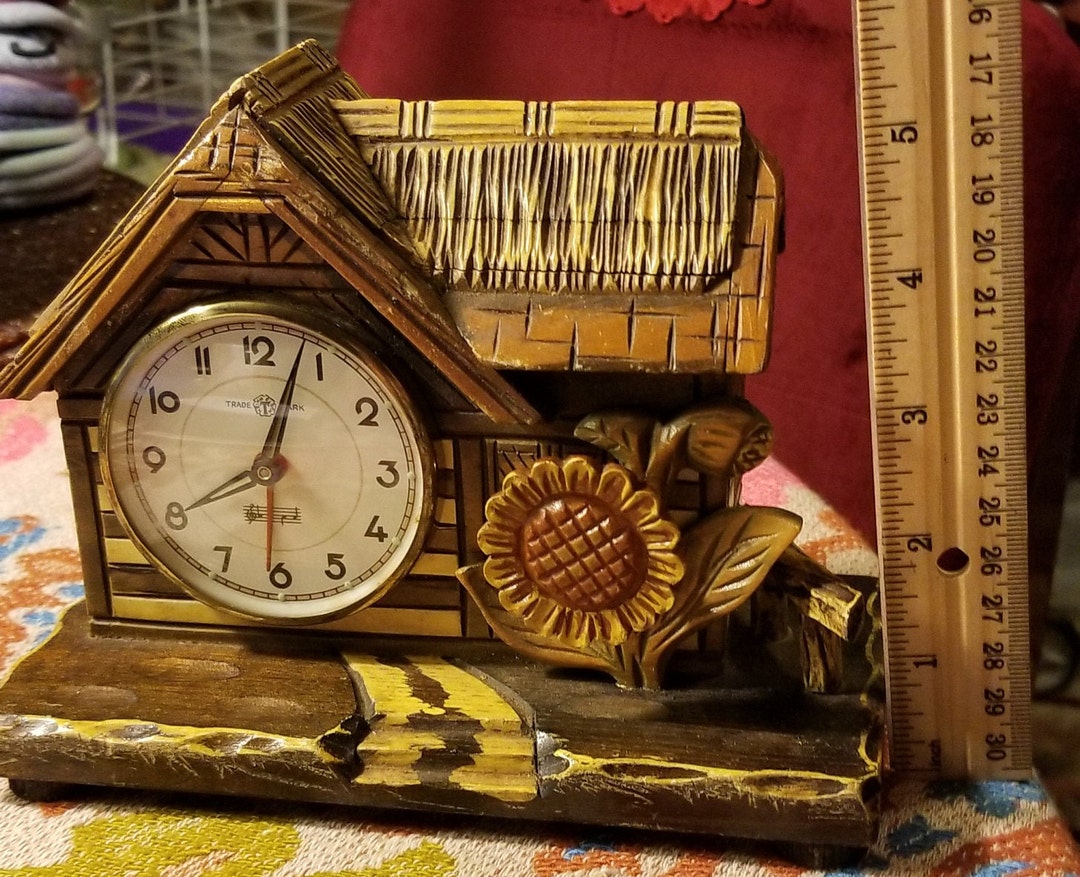 Vintage Mechanical Meiko -trade Mark Japan Carved Wood Desk Alarm Clock ...