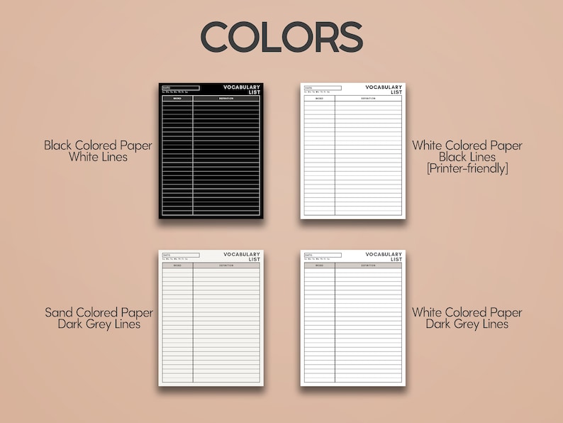 Minimal Vocabulary List Printable | Vocabulary Note Worksheet ...