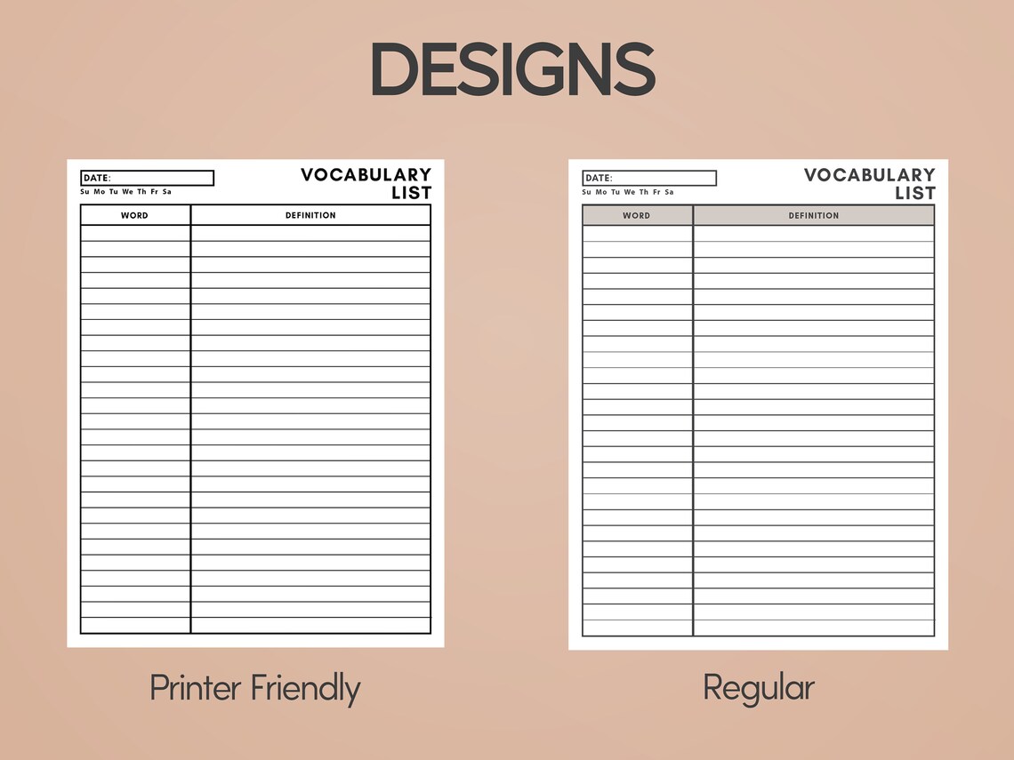 Minimal Vocabulary List Printable | Vocabulary Note Worksheet ...