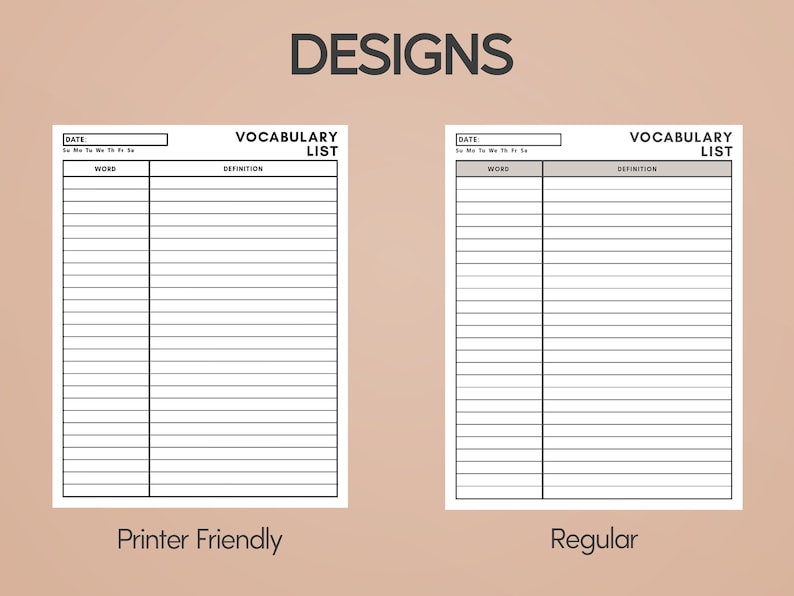 Minimal Vocabulary List Printable | Vocabulary Note Worksheet ...