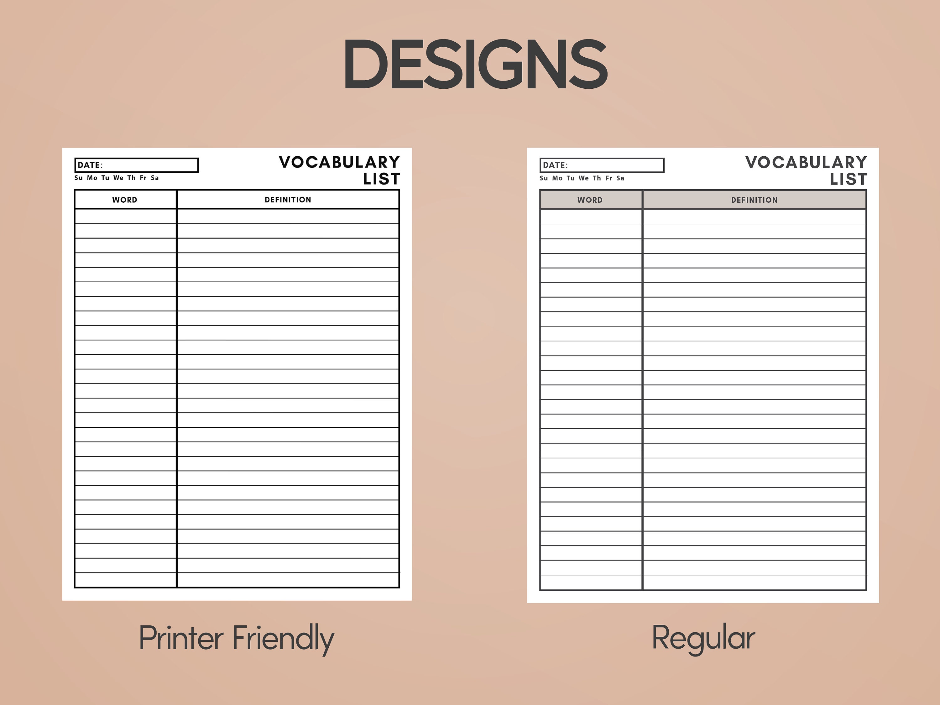 Minimal Vocabulary List Printable | Vocabulary Note Worksheet ...
