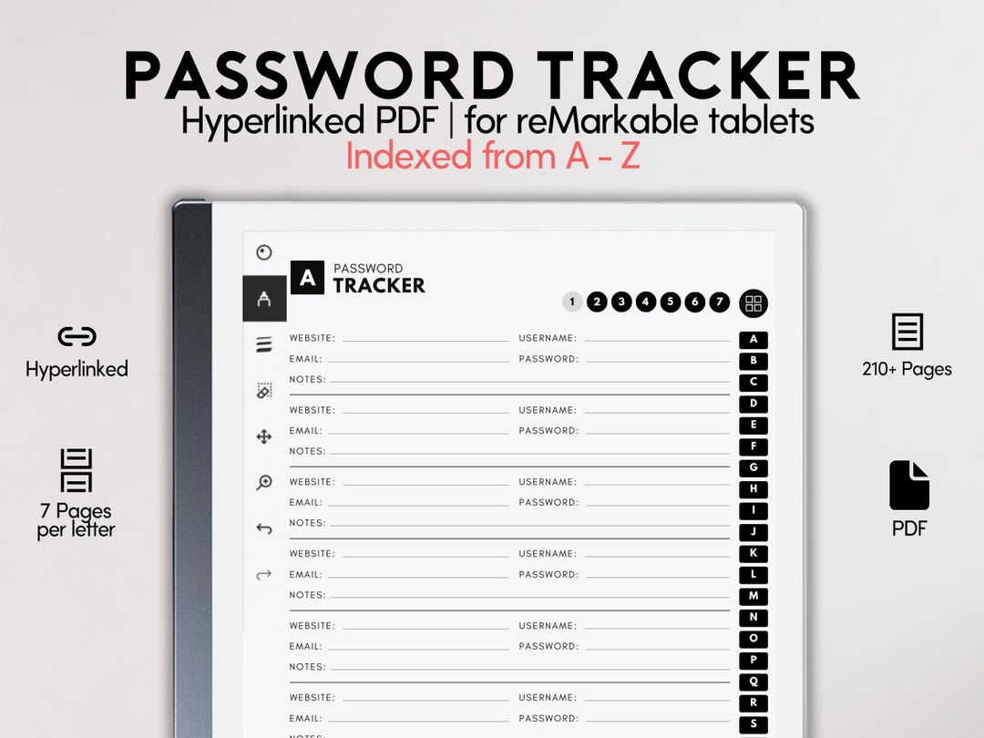 Password Tracker | Fits Remarkable | Password Manager | Hyperlinked ...
