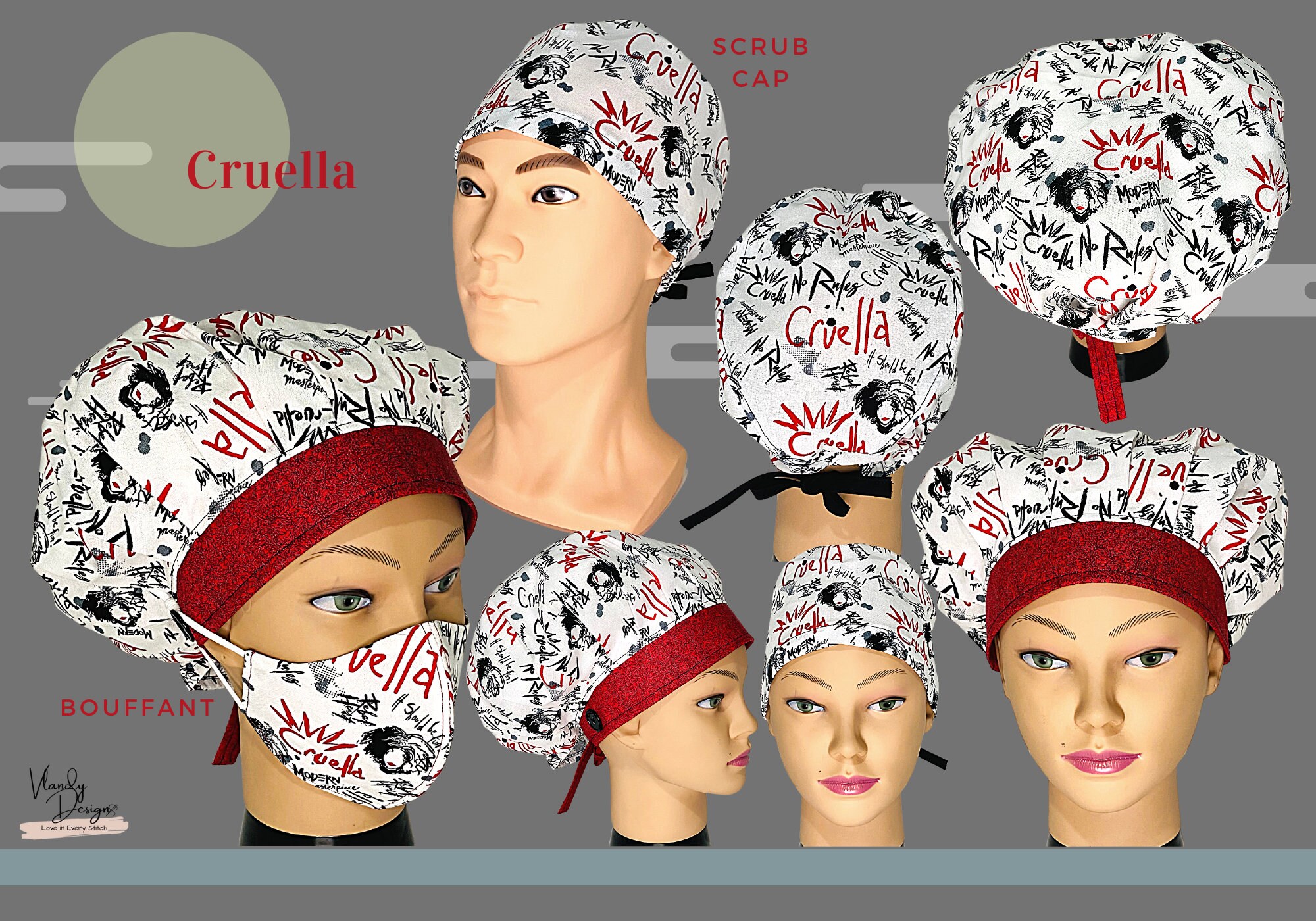 Disney Villains Scrub Caps AND Bouffants With Buttons for 3-layer ...