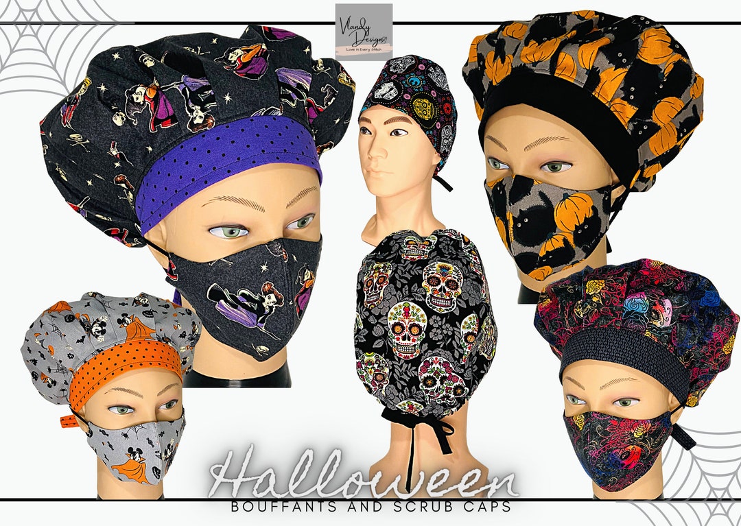 Halloween/fall Scrub Caps AND Bouffants With Buttons for 3-layer ...
