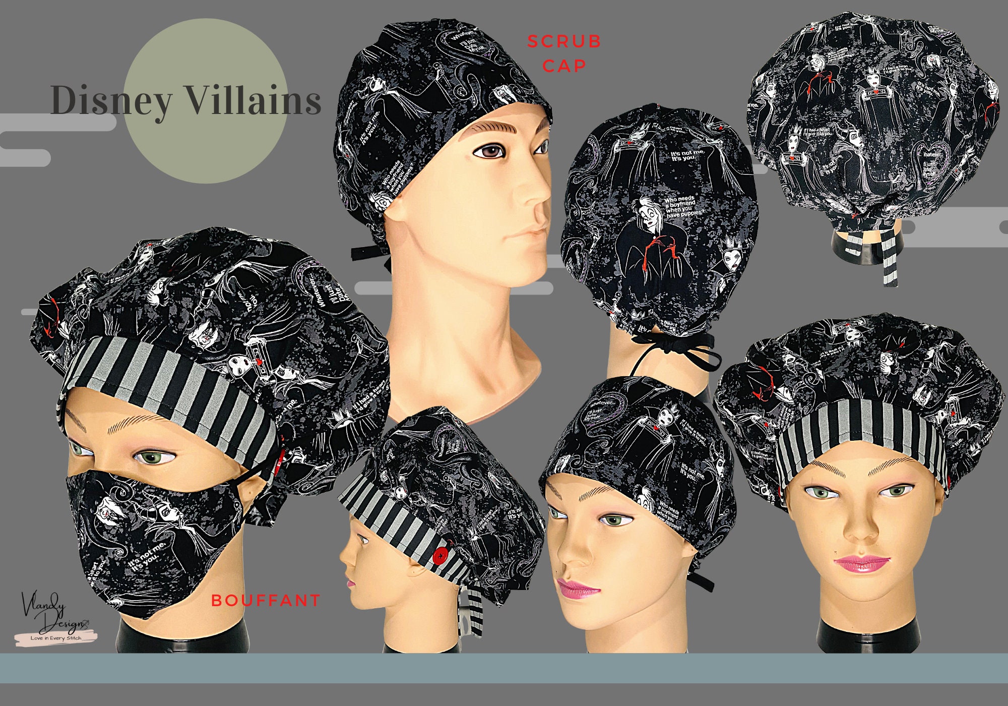 Disney Villains Scrub Caps AND Bouffants With Buttons for 3-layer ...
