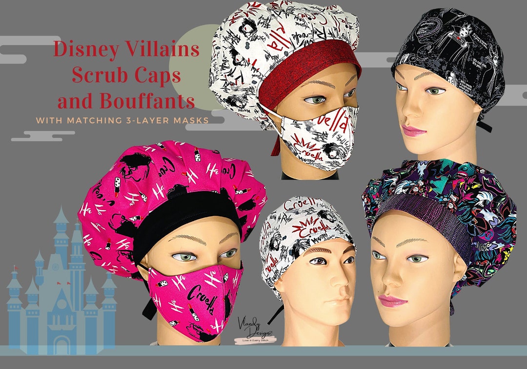Disney Villains Scrub Caps AND Bouffants With Buttons for 3-layer ...