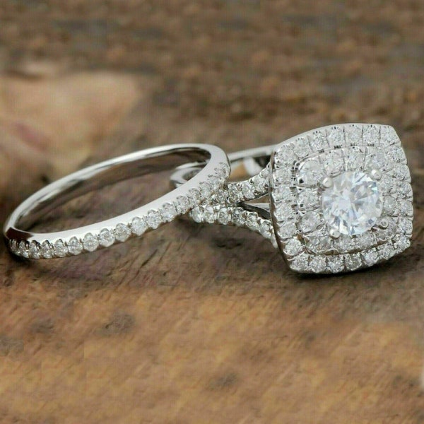 Double Halo Wedding Ring Set - Etsy