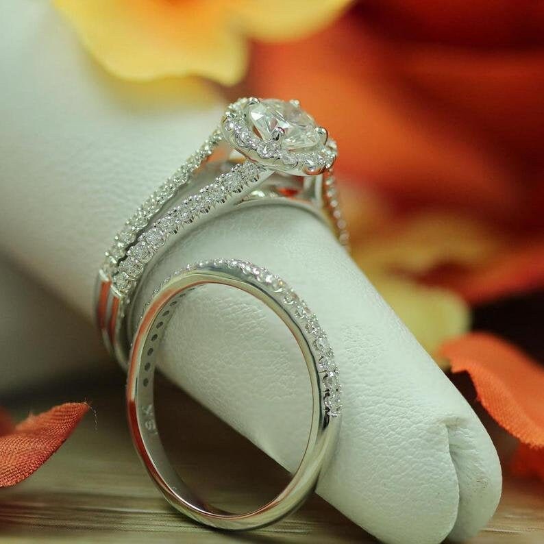 Split Shank Engagement Ring Set 1.30 Ct Round Moissanite Bridal Set 14k ...