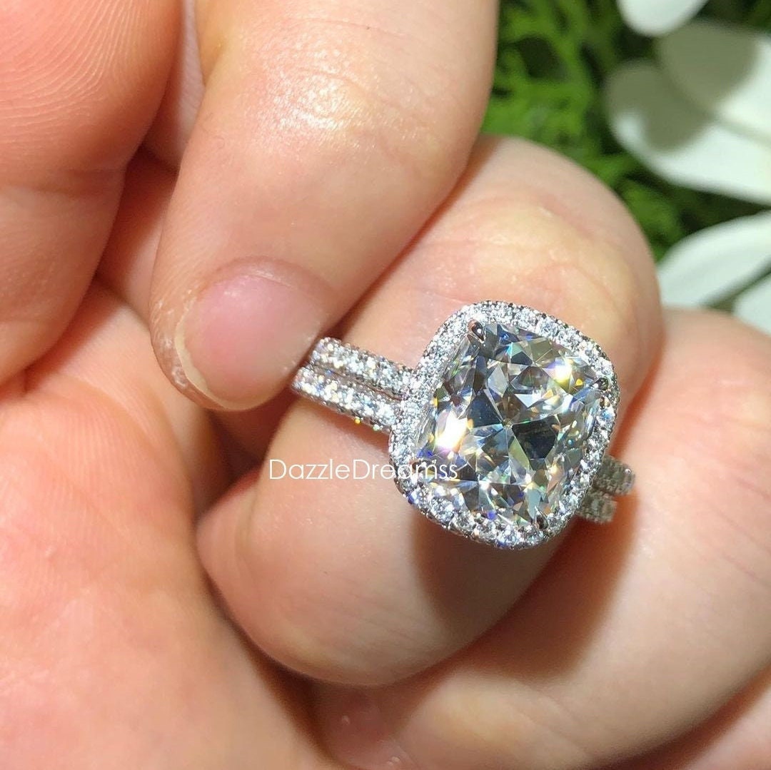 3.58CT Old Mine Cut Cushion Cut Moissanite Diamond Ring Set, 10x9mm ...