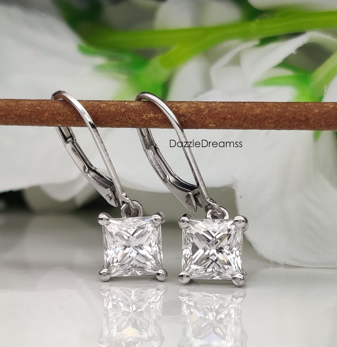 2CT Princess Cut Moissanite Dangle & Drop Earrings, Moissanite Lever ...
