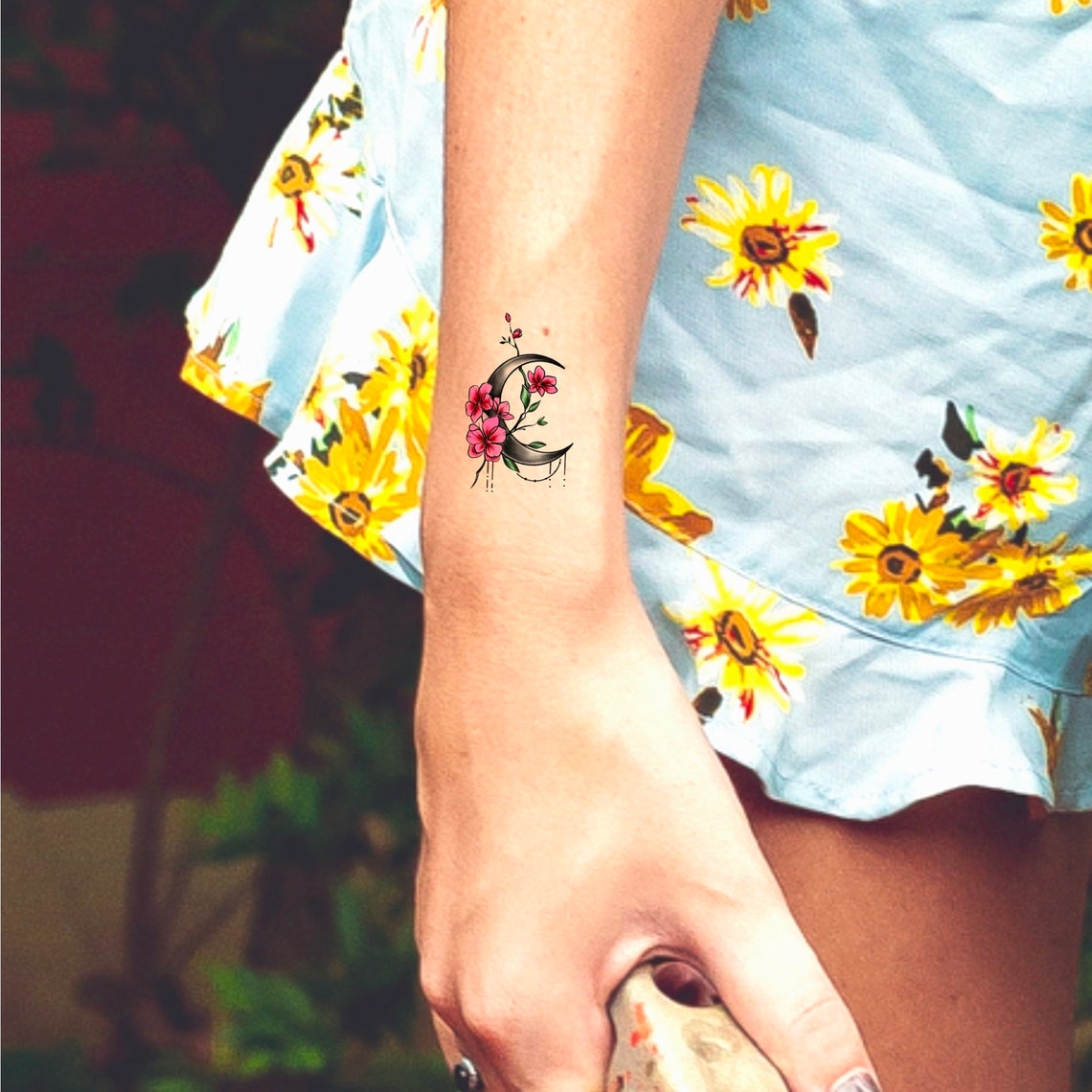 Moon Flower Temporary Tattoo / Floral Moon Tattoo / Crescent - Etsy