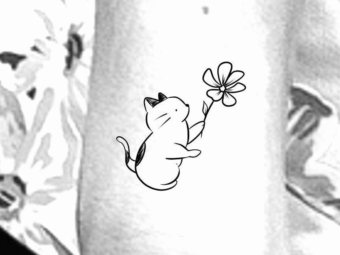 Cat Flower Temporary Tattoo / Floral Cat Tattoo / Cat - Etsy