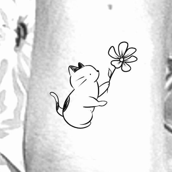 Cat and Flower Tattoo - Etsy
