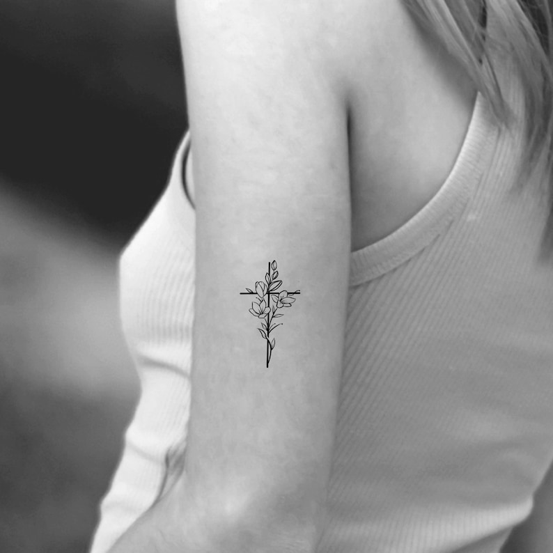 Cross Flower Temporary Tattoo Small Floral Cross Tattoo 1 Etsy