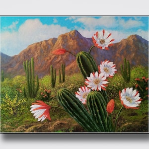 Arizona Landscape Painting Hand Painted Desert Artwork Cactus Flower ...