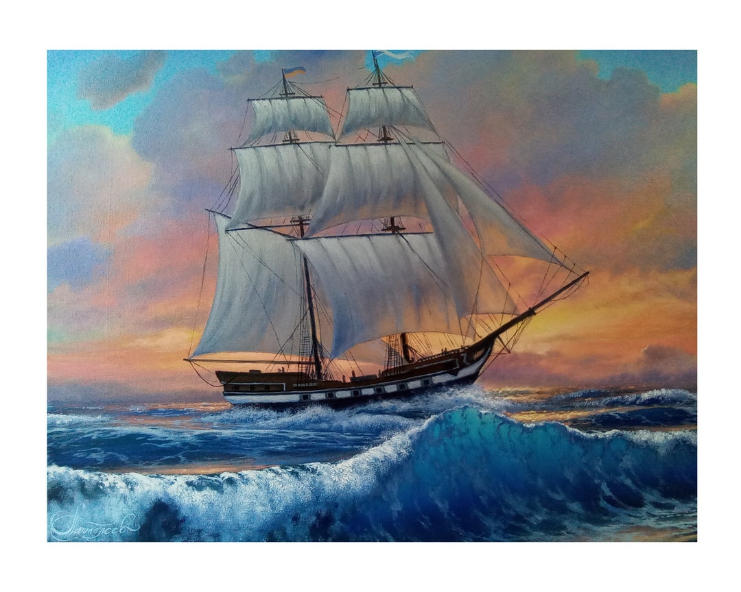 Seascape Painting Hand Painted Sailboat Artwork Sunset Art Original Oil ...