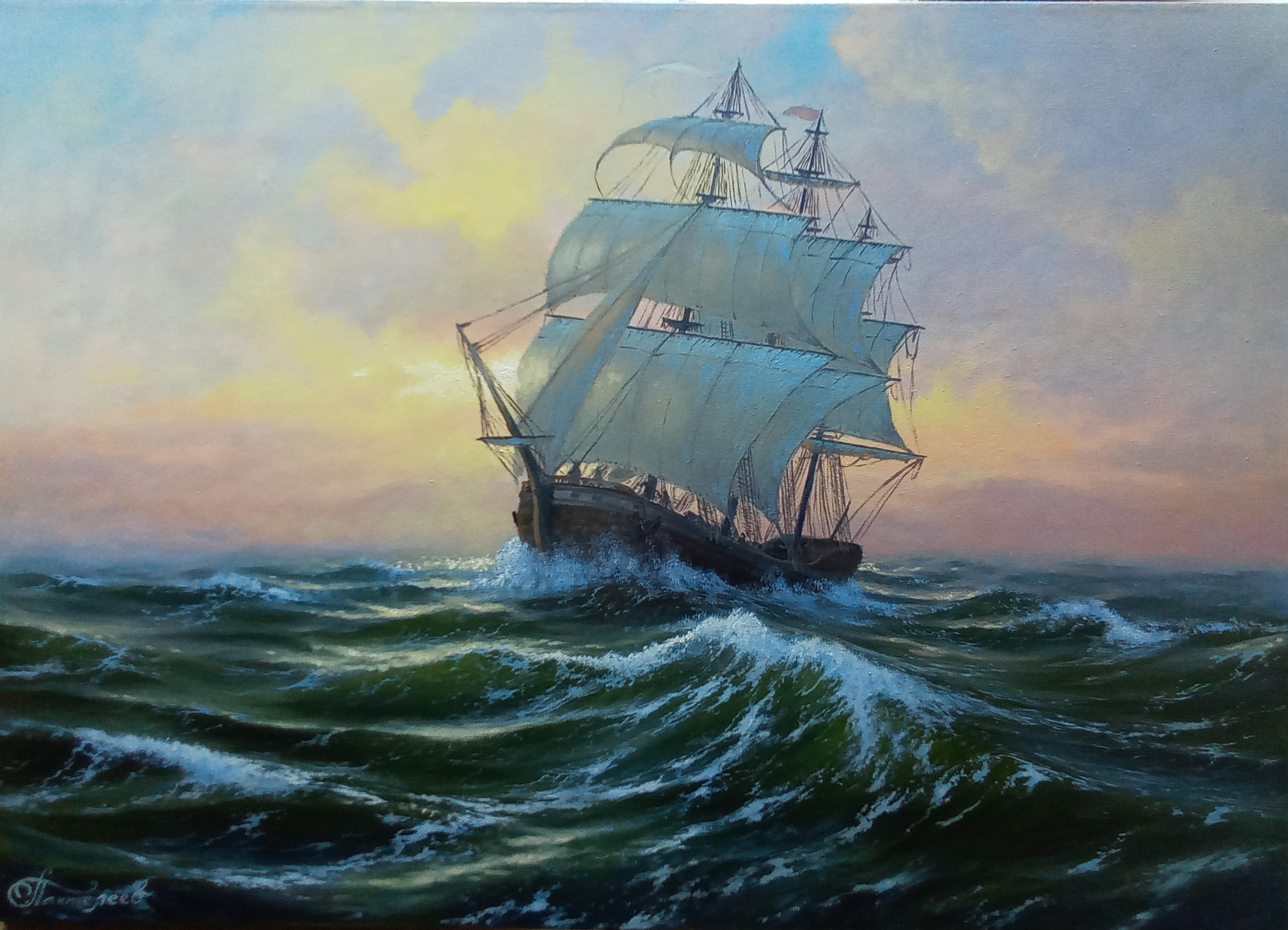 Sailing Ship at Sunset Seascape Custom Oil Painting. - Etsy