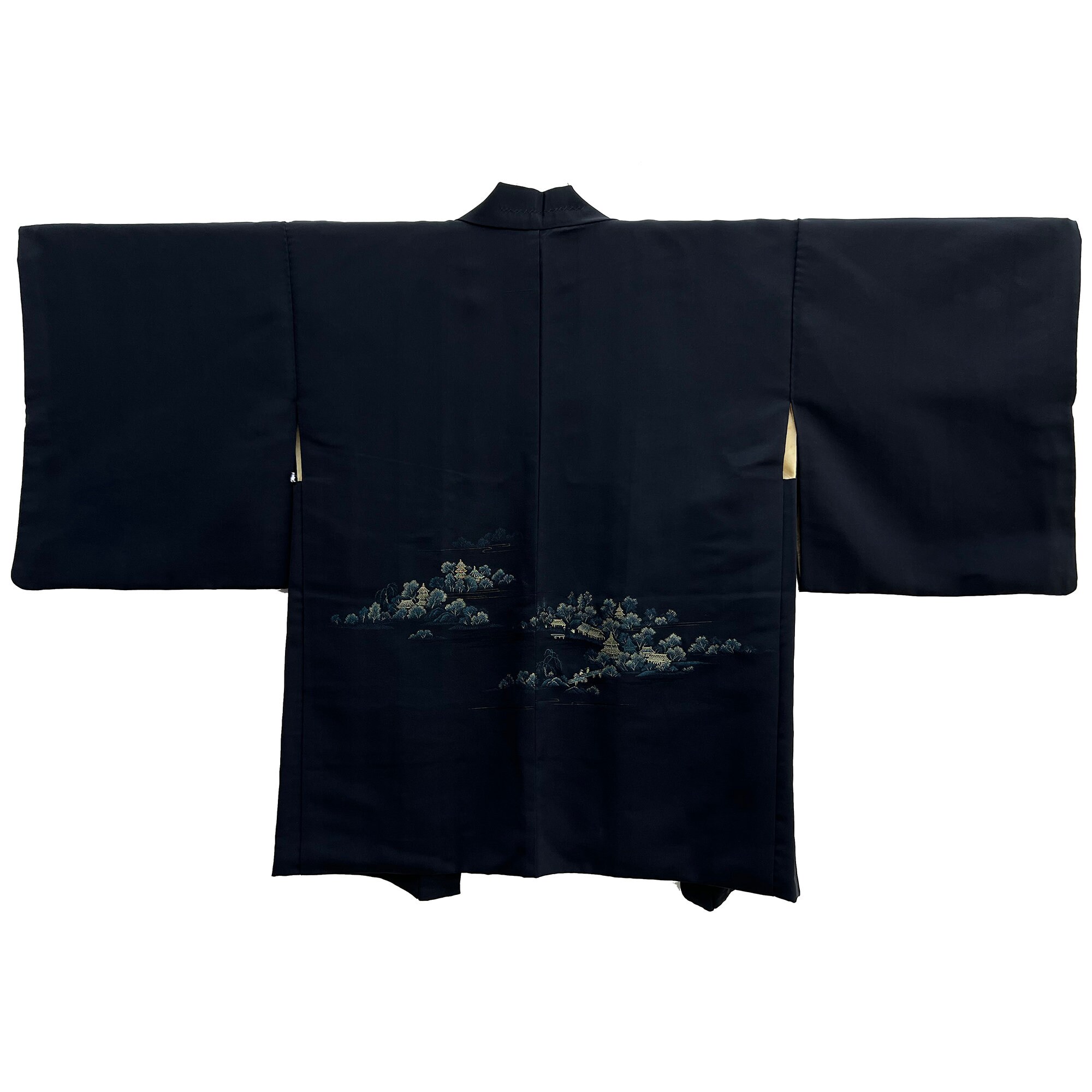 Black Silk Crepe Urushi Haori With Landscape Pattern of a Temple and ...