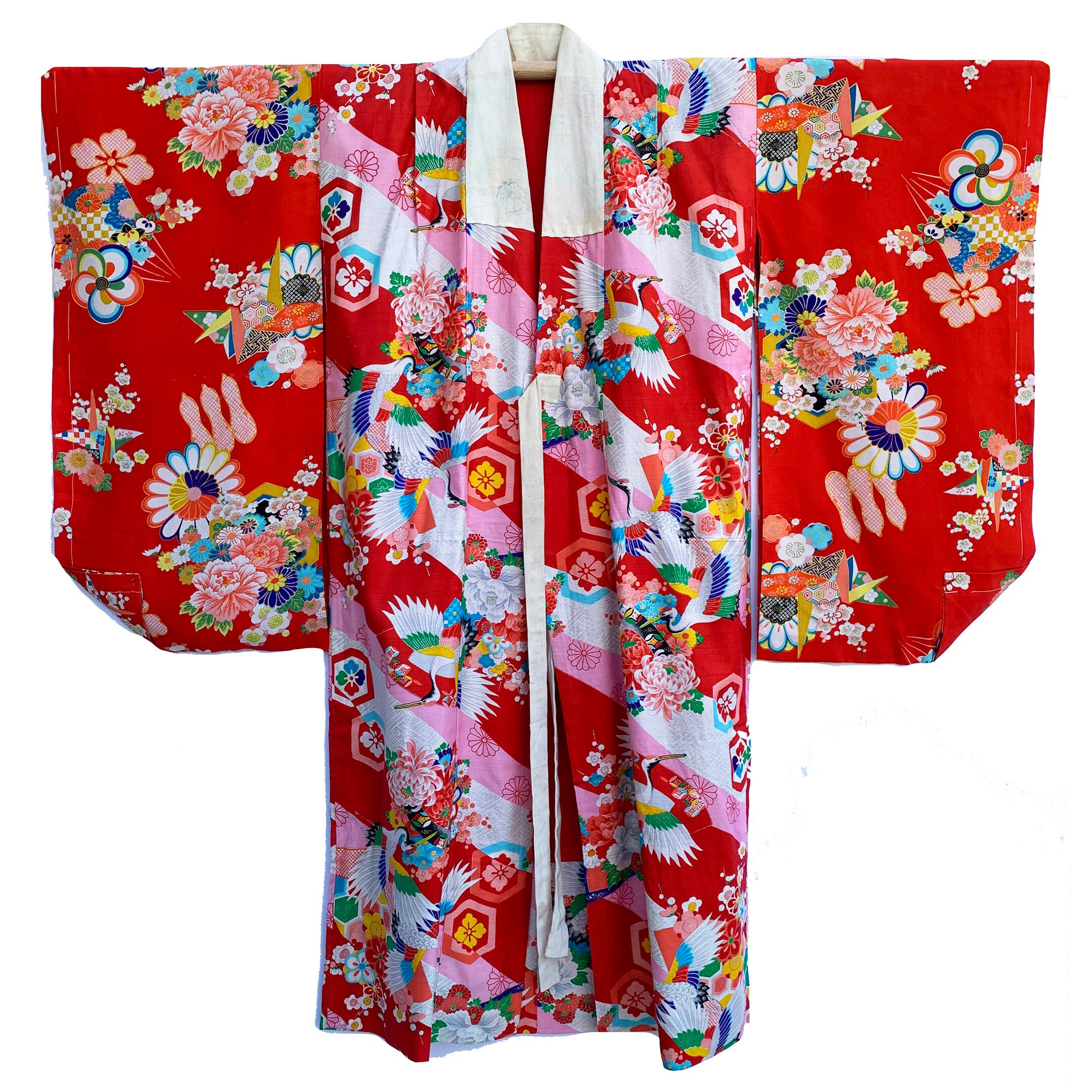 Brightly Colored Girls Juban With Pattern of Flowers and Cranes - Etsy