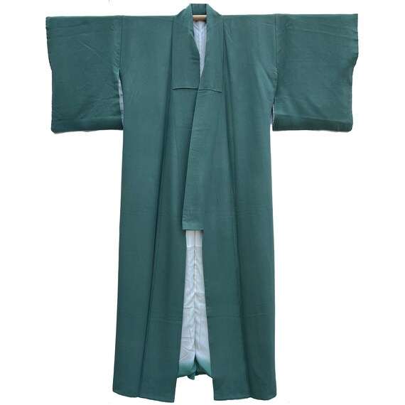 Sage green silk crepe iromuji kimono with one family … - Gem