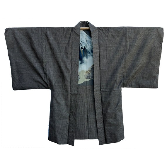 Brown silk tsumugi mens haori with hand painted Mt Fu… - Gem