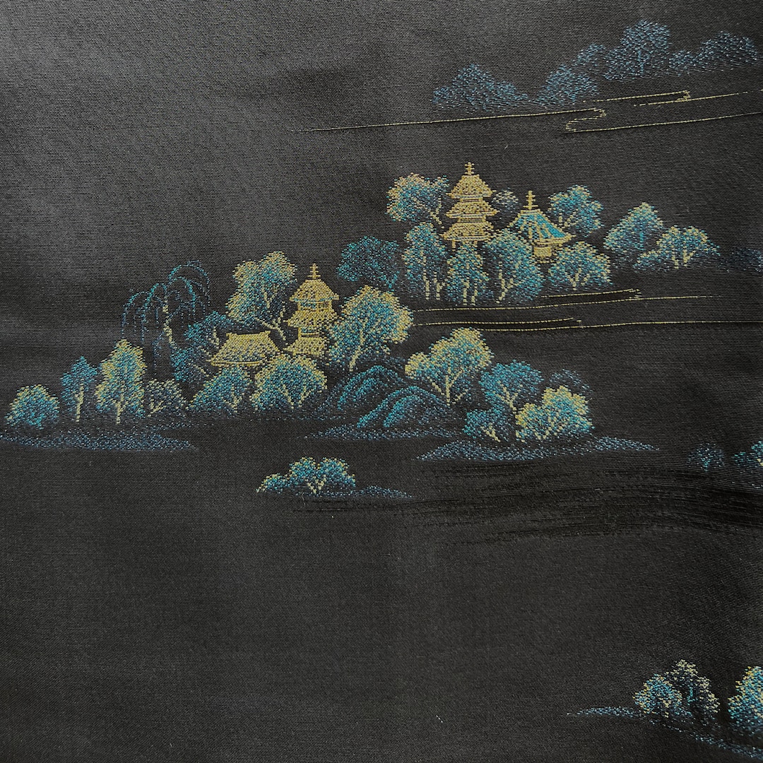 Black Silk Crepe Urushi Haori With Landscape Pattern of a Temple and ...