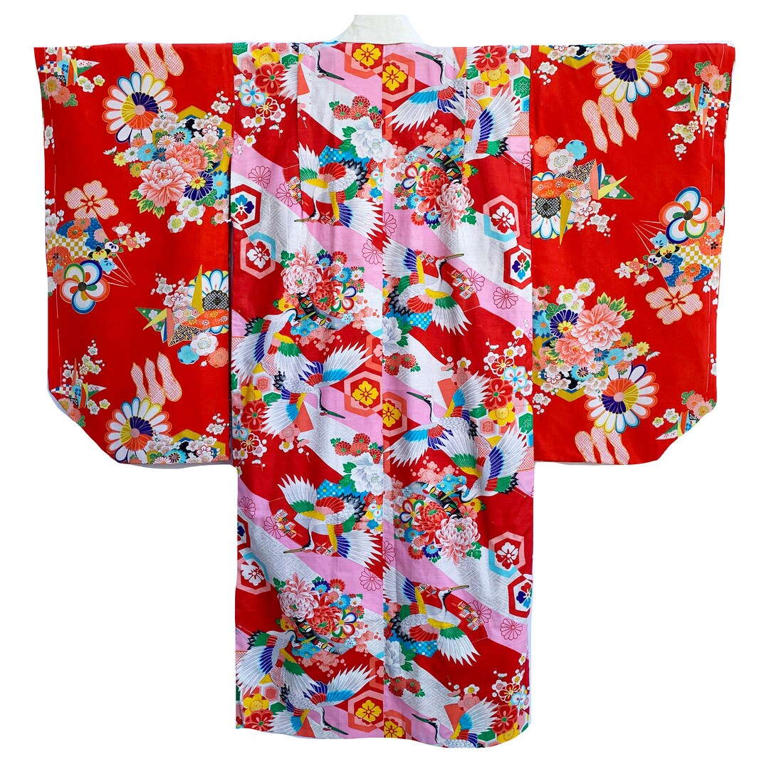 Brightly Colored Girls Juban With Pattern of Flowers and Cranes - Etsy