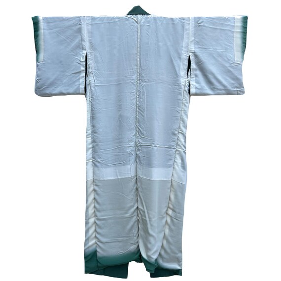 Sage green silk crepe iromuji kimono with one family … - Gem