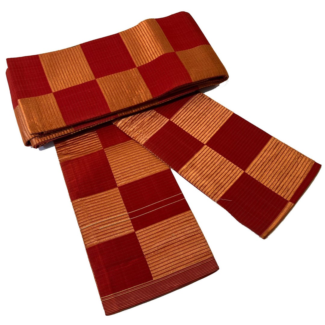 Antique Red and Orange Silk Summer Hanhaba Obi With Ichimatsu Check ...