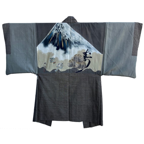 Brown silk tsumugi mens haori with hand painted Mt Fu… - Gem