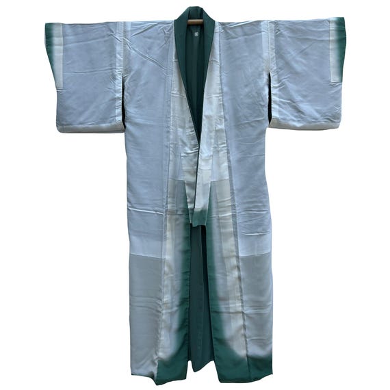 Sage green silk crepe iromuji kimono with one family … - Gem