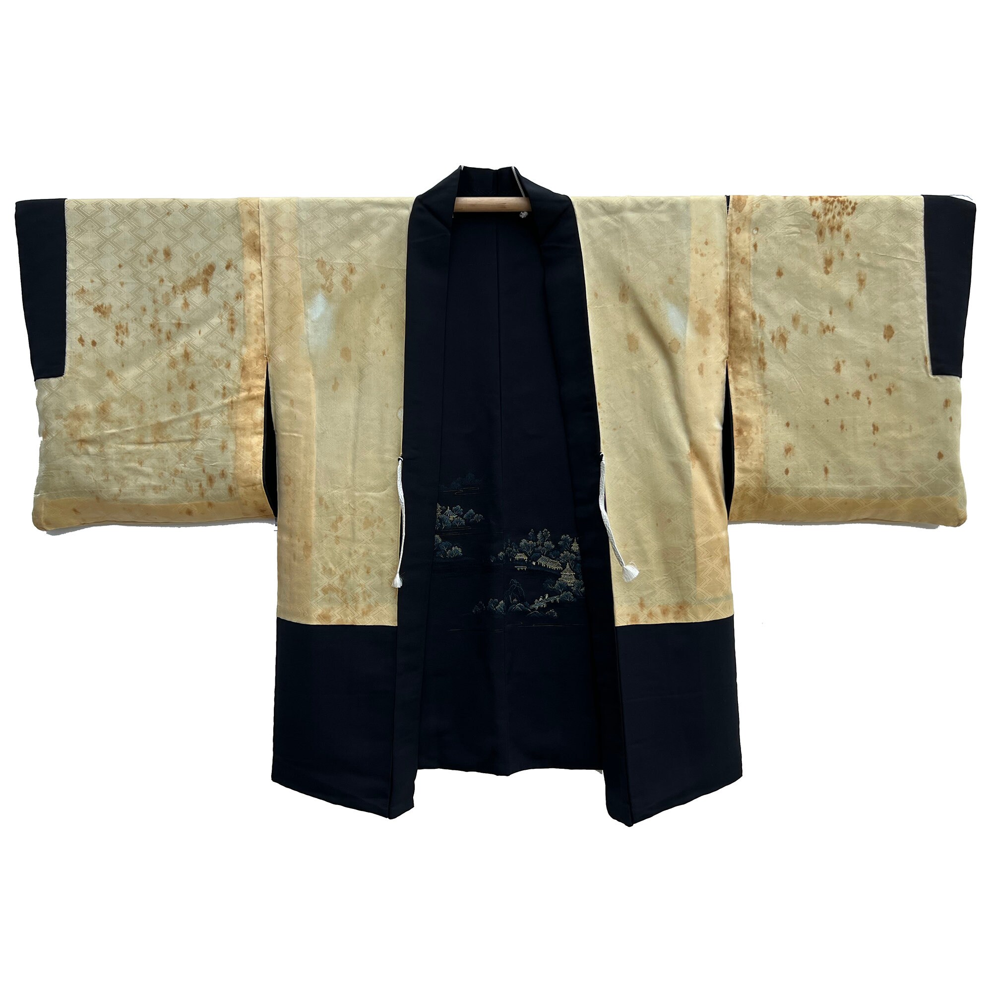Black Silk Crepe Urushi Haori With Landscape Pattern of a Temple and ...