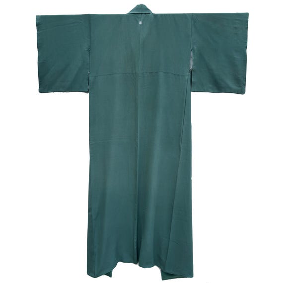 Sage green silk crepe iromuji kimono with one family … - Gem