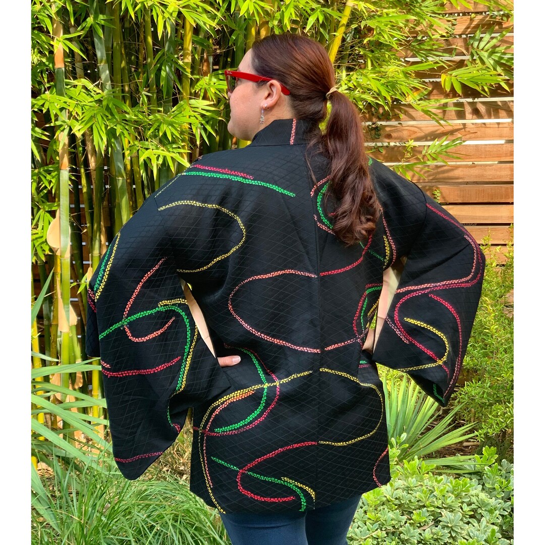 Black Silk Rinzu Haori With Colorful Nui Shibori Lines - Etsy