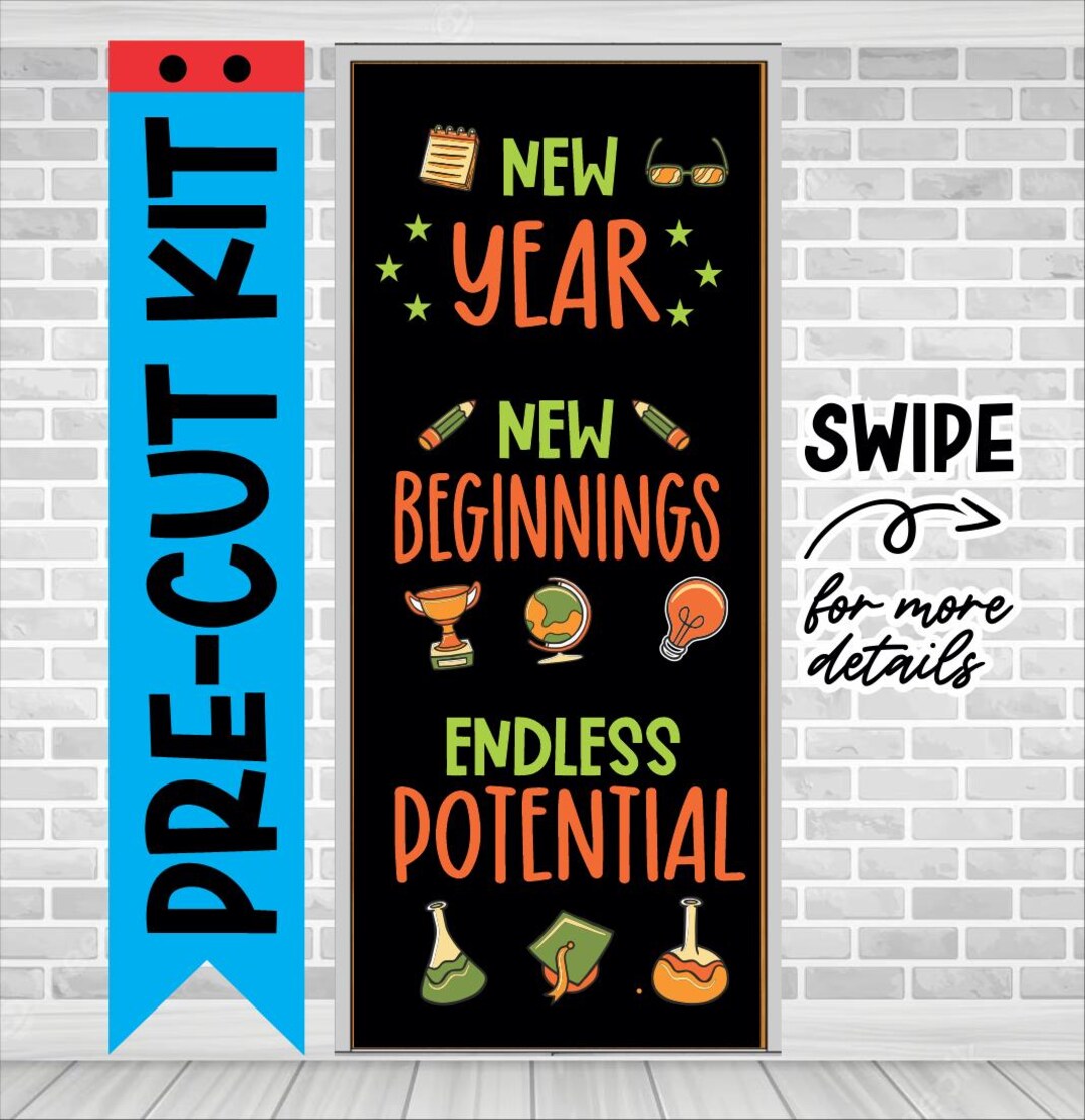 NEW YEAR BEGINNING Precut Classroom Door Decoration, New Year Bulletin ...