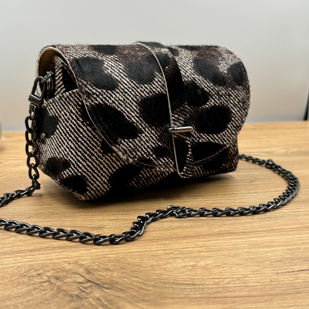 Leopard Print Leather Crossbody Bag With Chain Strap - Etsy