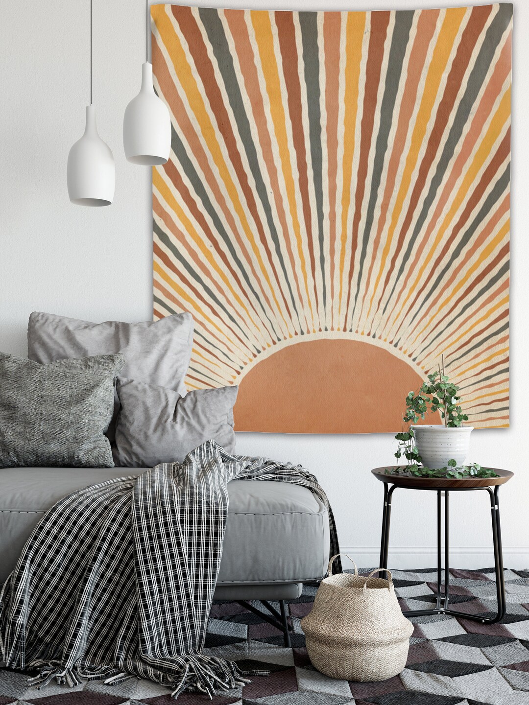 Retro Rising Sun Tapestry Vintage 70s Rainbow Sunshine Minimal ...
