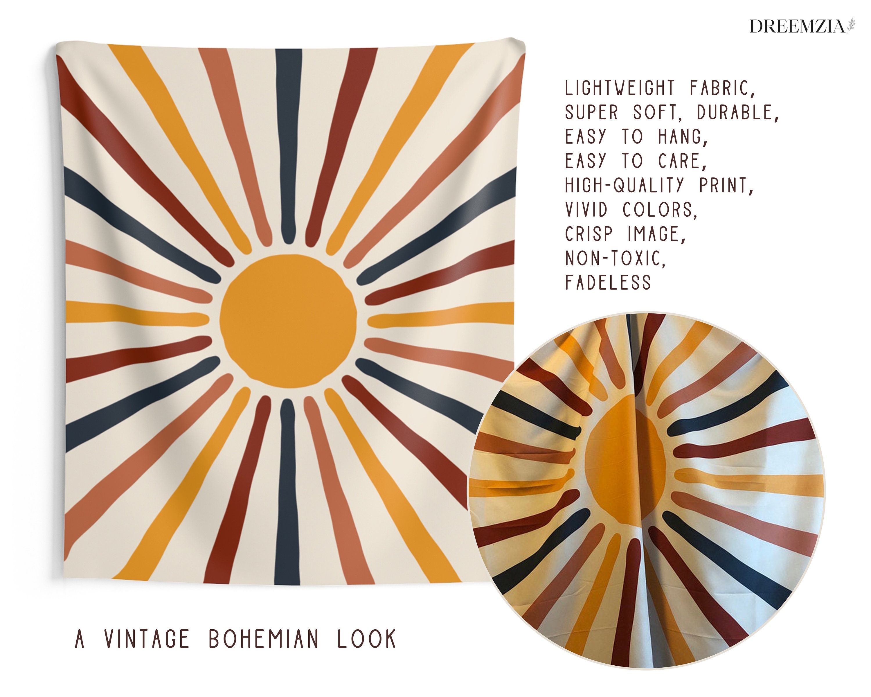 Vintage Sun Tapestry Retro 70s Minimal Geometric Abstract Art Print ...