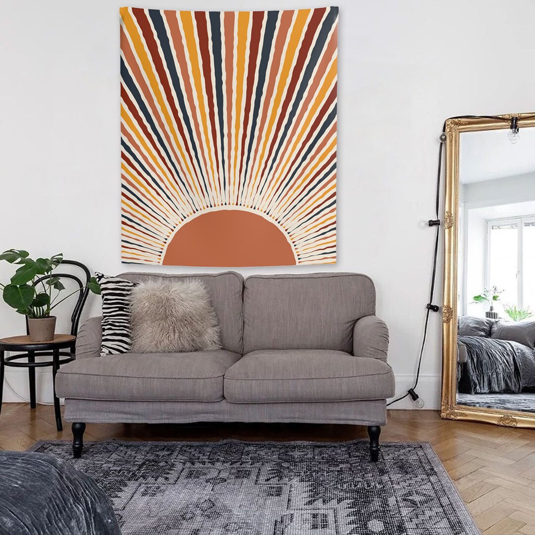 Retro Rising Sun Tapestry Vintage 70s Rainbow Sunshine Minimal ...