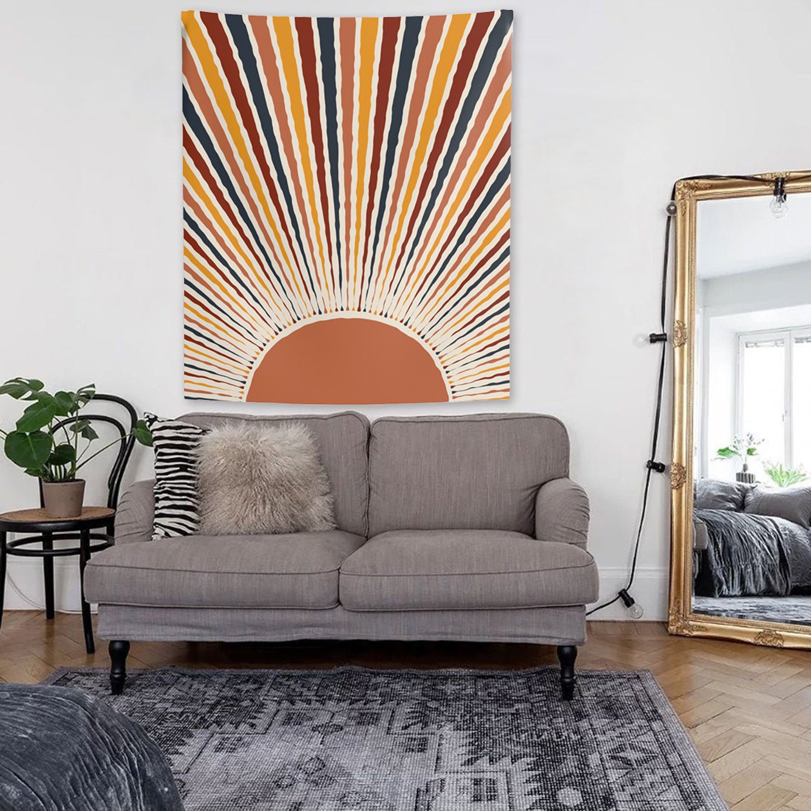 Retro Rising Sun Tapestry Vintage 70s Rainbow Sunshine Minimal ...