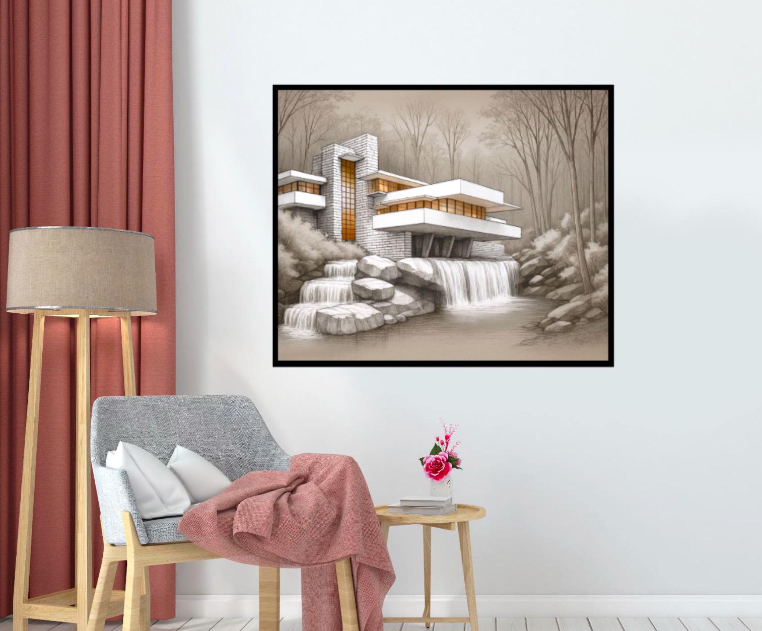 Minimalist Sketch of Fallingwater, Architectural Icon, Frank Lloyd ...
