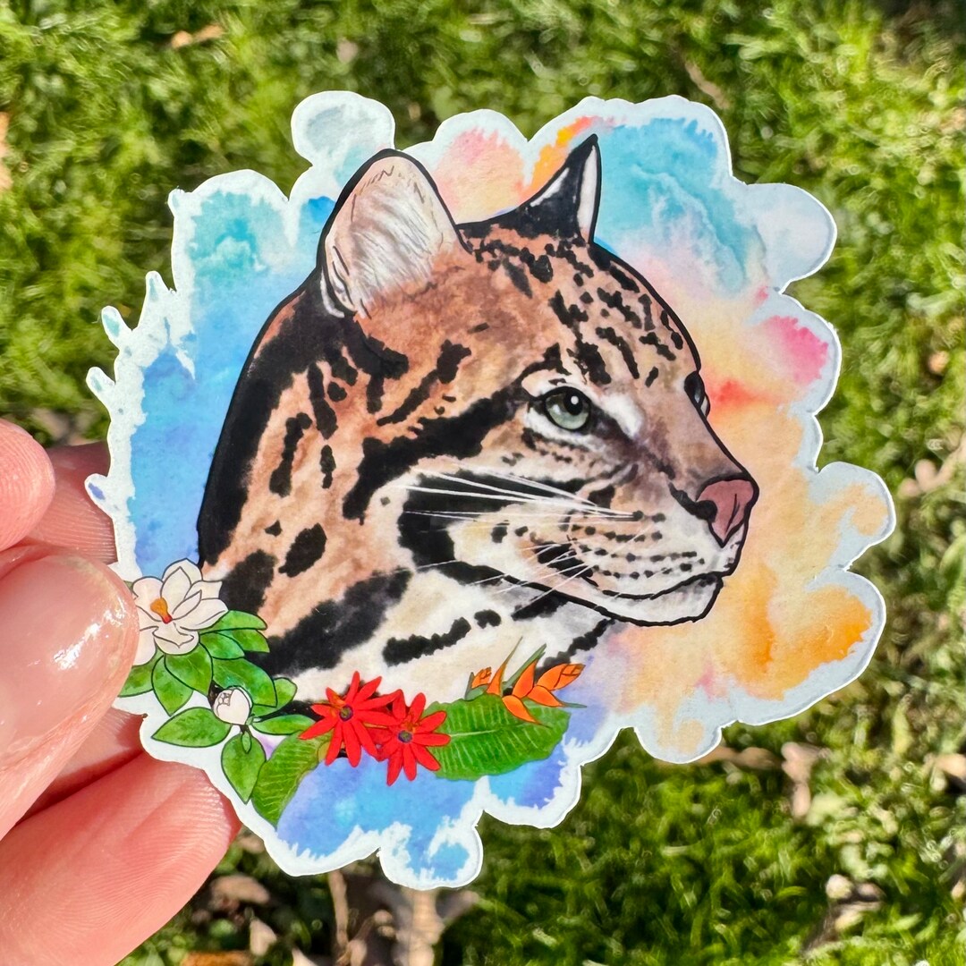 Ocelot Floral Sticker, Cat Sticker, Waterproof Sticker, Vinyl Sticker ...