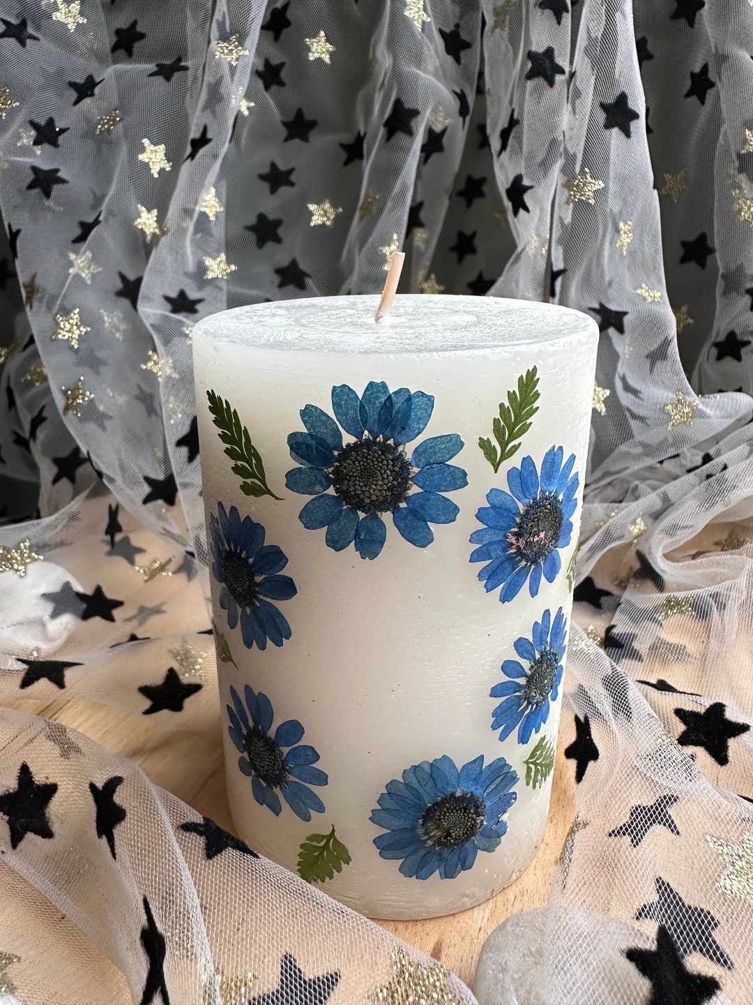 Deep Blue Chrysanthemums & Clean White Candle . A Scented Pressed ...