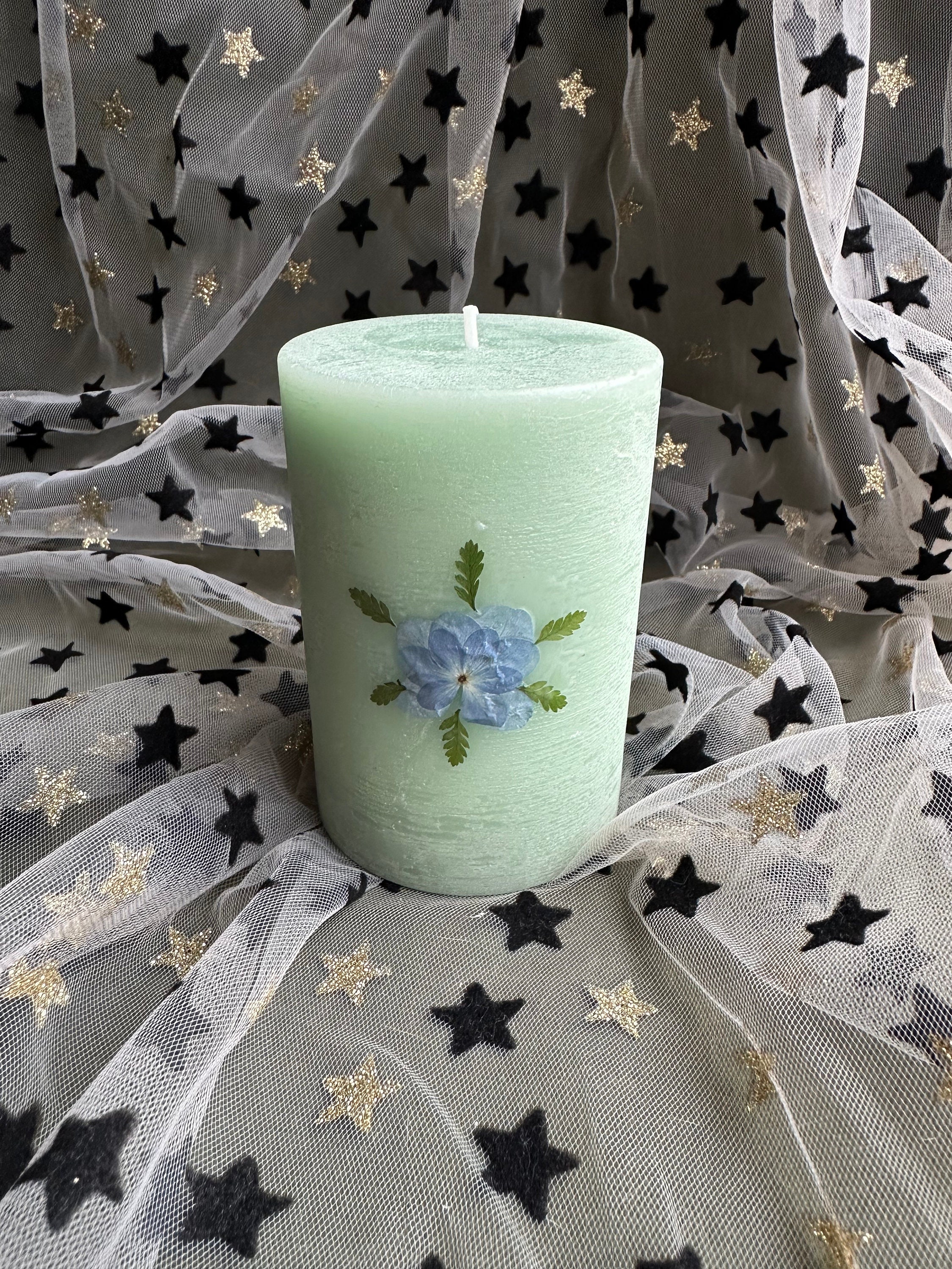 Blue Hydrangeas &light Green Candle . A Scented Pressed Flower Candle ...