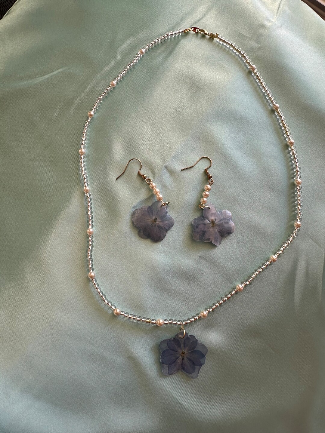 Real Hydrangea Flower Jewelry Set, Glass Crystal and Mother of Pearl ...