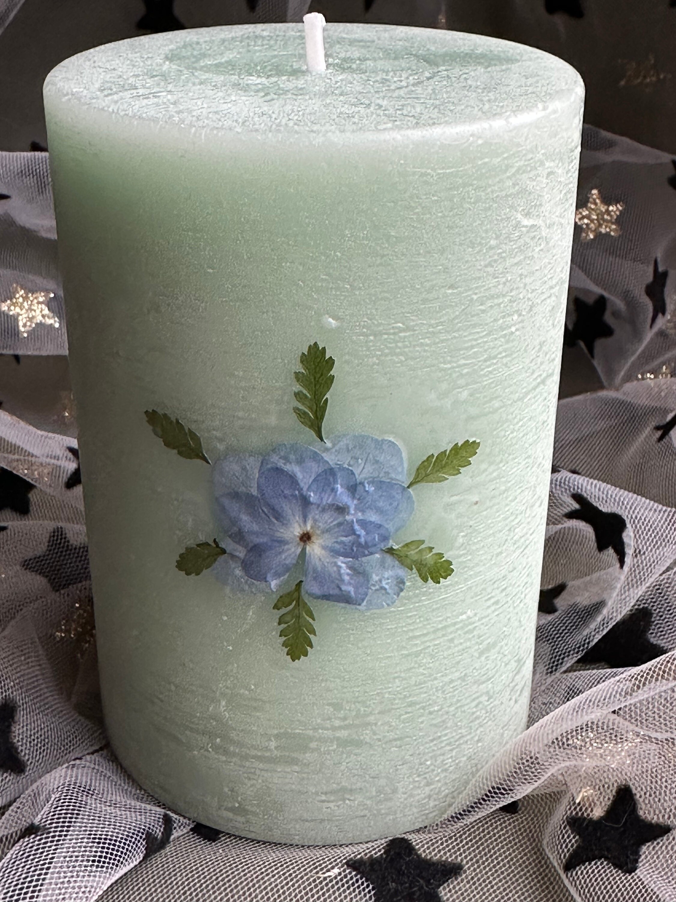 Blue Hydrangeas &light Green Candle . A Scented Pressed Flower Candle ...