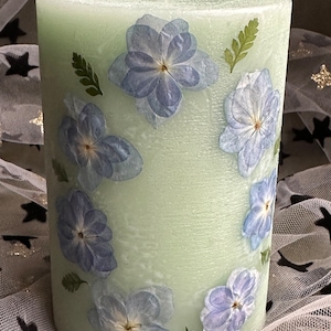 Blue Hydrangeas &light Green Candle . A Scented Pressed Flower Candle ...