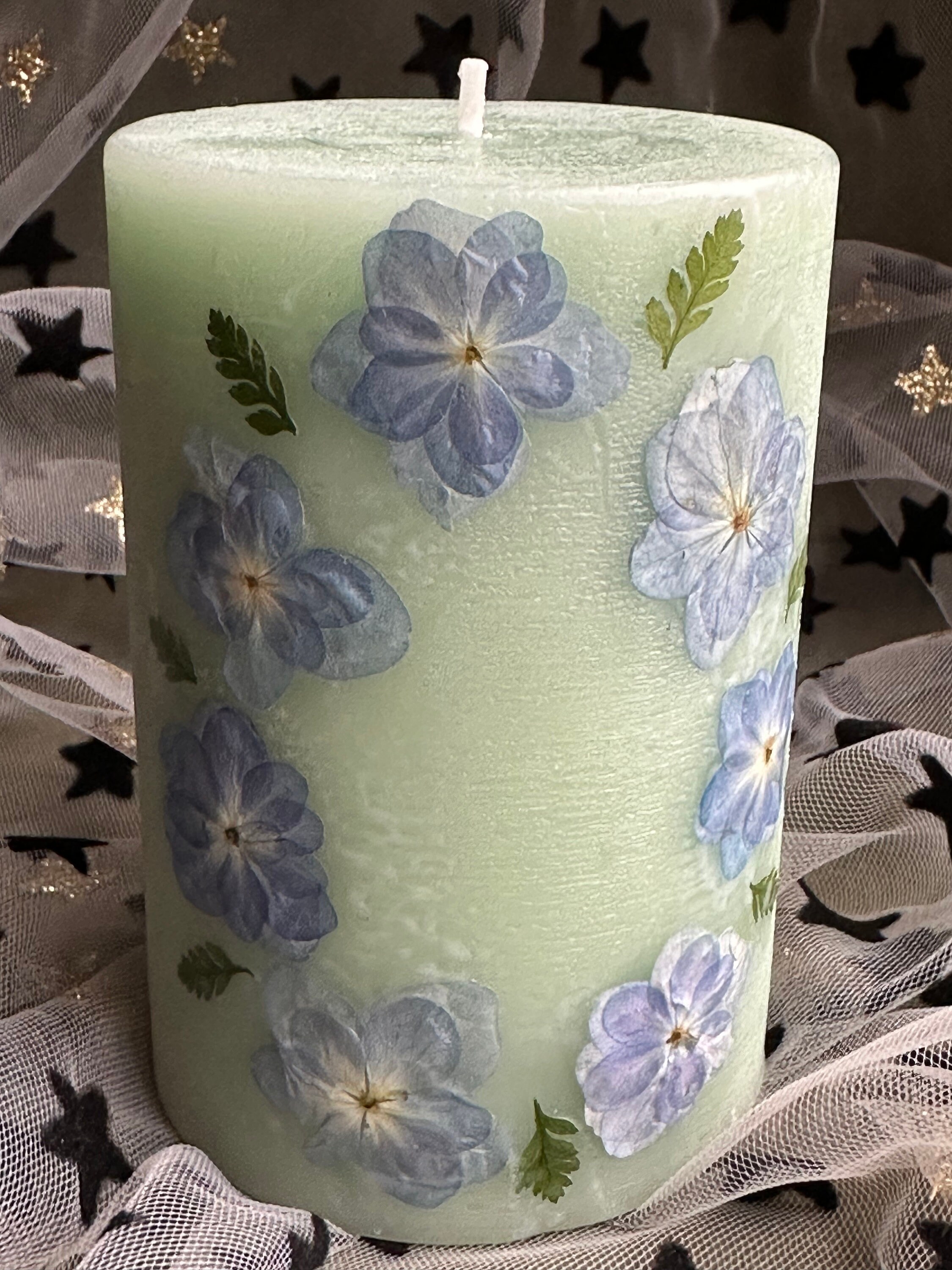 Blue Hydrangeas &light Green Candle . A Scented Pressed Flower Candle ...