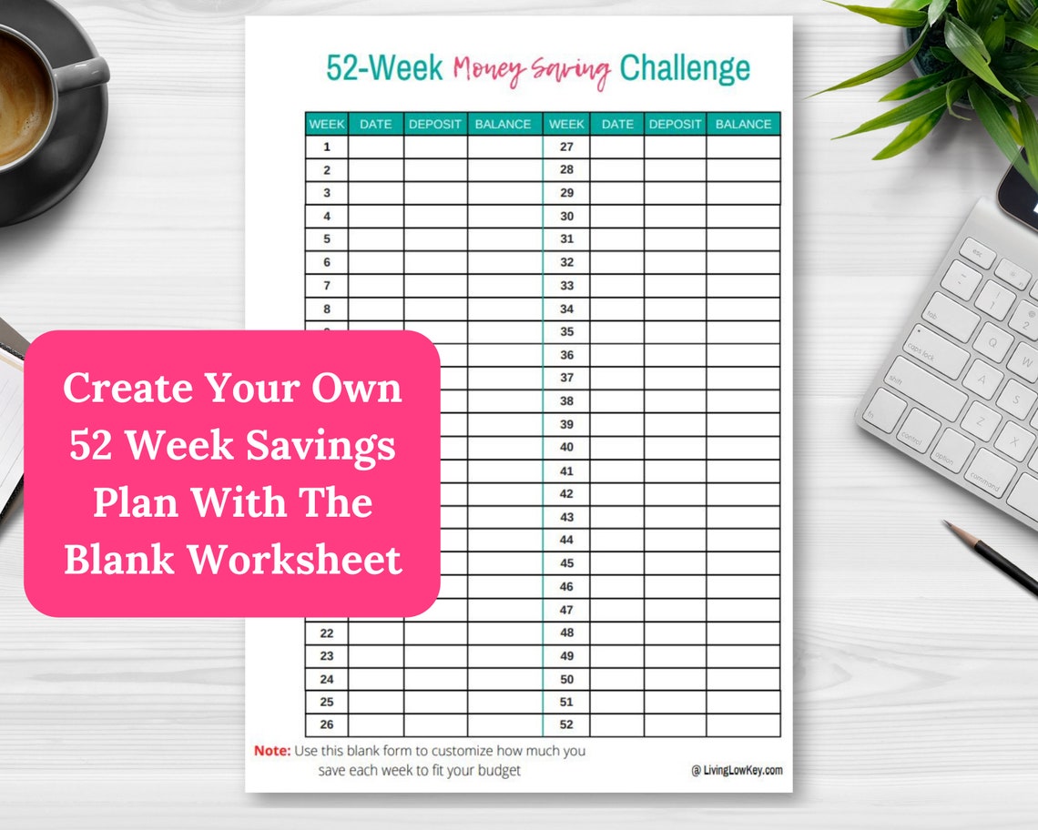 Money Saving Challenge Worksheet - Savings Tracker, Financial Planner ...